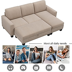 LOIHB 81"" Reversible Sectional Couch with Storage Chaise L-Shaped Sofa for Apartment Sectional Set,Sectional Sofa,Nailhead Textured Linen Fabric 3 Pieces Sofa Set,Warm Grey, GS001066AAE
