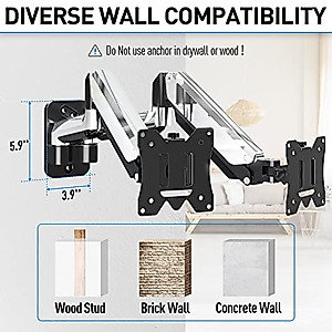 MOUNTUP Dual Monitor Wall Mount for 2 Max 32 Inch Computer Screen, Silver Polished Aluminium Full Motion Gas Spring Double Monitor Arm, VESA Bracket Support 3.3-17.6lbs, Swivel Monitor Stand Holder
