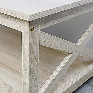 Rainbow Sophia Coffee Table, Modern Farmhouse Wood Coffee Table with 2-Tier Storage, 40 Inch, White Oak