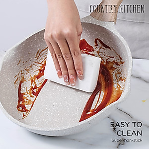 Country Kitchen Nonstick Induction Cookware Sets - 8 Piece Nonstick Cast Aluminum Pots and Pans with BAKELITE Handles - Non-Toxic Pots and Pans- Speckled Cream with Light Wood Handles