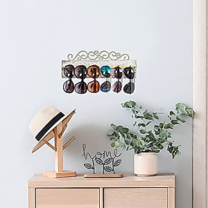 MyGift Vintage Whitewashed Wood Wall Mounted Sunglasses Rack, Entryway Glasses Holder Eyewear Display with Rail Hanger and Scrollwork Brass Tone Metal Design