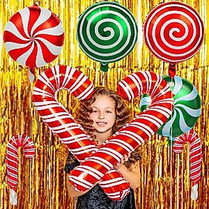 30Pcs Christmas Foil Balloons, Large Candy Cane Swirl Mylar Balloons with Ribbons, Red Green Balloons for Birthday and Candies Theme Party Decorations