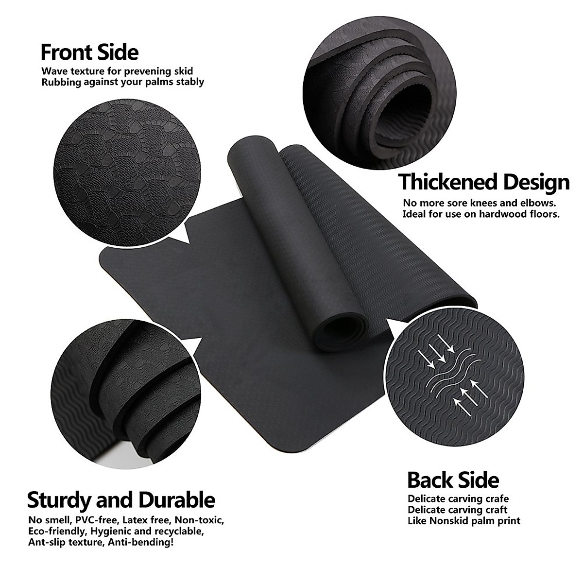 Attraction Design Yoga Mat Non Slip Exercise Mat Extra Thick Workout Mat for Yoga, Eco Friendly Exercise Yoga Mat High Density Fitness Pilates Mat with Carrying Strap, 72x 24x 6mm (Black)