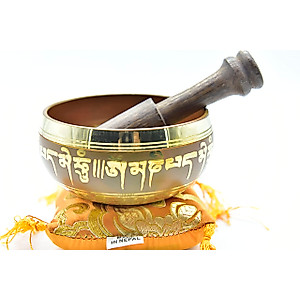 3.75" Tibetan Meditation Yoga Singing Bowl Green Set with free Wooden Mallet and Silk Cushion from Nepal, Singing bowls. (Orange)