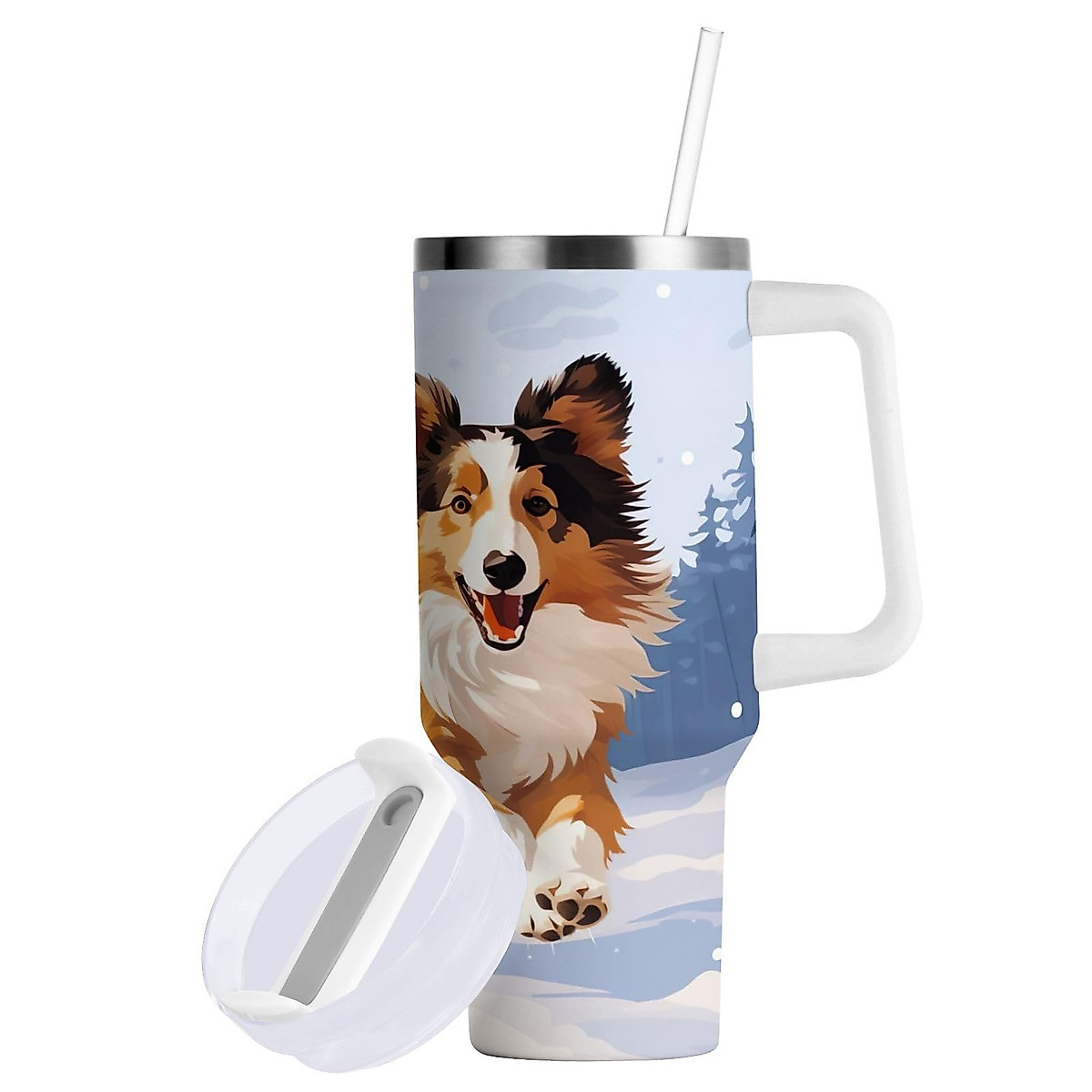 MCHIVER White Cute Sheltie Snow Tumbler with Lid and Straw 40 oz Insulated Water Bottle Leakproof Tumblers for Coffee Water Tea