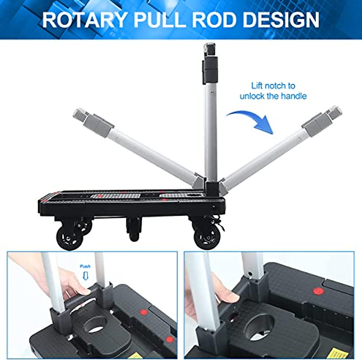 Folding Hand Truck, 330 Lbs Foldable Hand Truck Dolly Cart Heavy Duty Collapsible Trolley Portable Platform Luggage Cart with 5 Wheels & 2 Elastic Ropes for Moving, Shopping, Travel, Home, Office Use