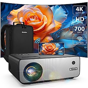 Tkisko Projector with Wifi and Bluetooth, 700 ANSI Full HD 1080P Projector 4K Supported, Portable Outdoor Movie Projector, 4D/4P Keystone & 50%-100% Zoom, Smart Projector for Phone/PC/TV Stick