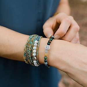 My Saint My Hero Wake Up and Pray Meditation Bracelet, Handwoven - Slate Cording, Mixed Agate Genuine Gemstones, Silver Benedictine Cross Medal, and Silver "Blessed" Tag