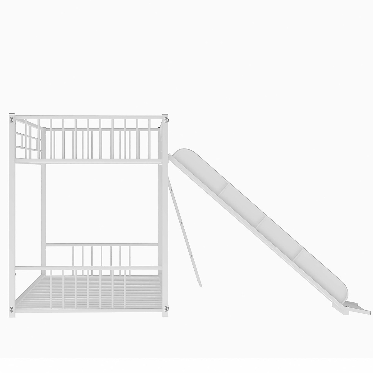RUNWON Twin Over Twin Low Bunk Bed with Slide, Metal Floor Bedframe w/Easy Climp Ladders and Full Length Safety Guard Rails for Kids Bedroom