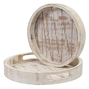 Winlay Decorative Coffee Table Tray, Set of 2 White, Wooden Round Serving Tray for Living Room, Wood Ottoman or Side Table, Charcuterie Board Cheese Platter, Fruit Baskets, White Distress, 12x12x1.5