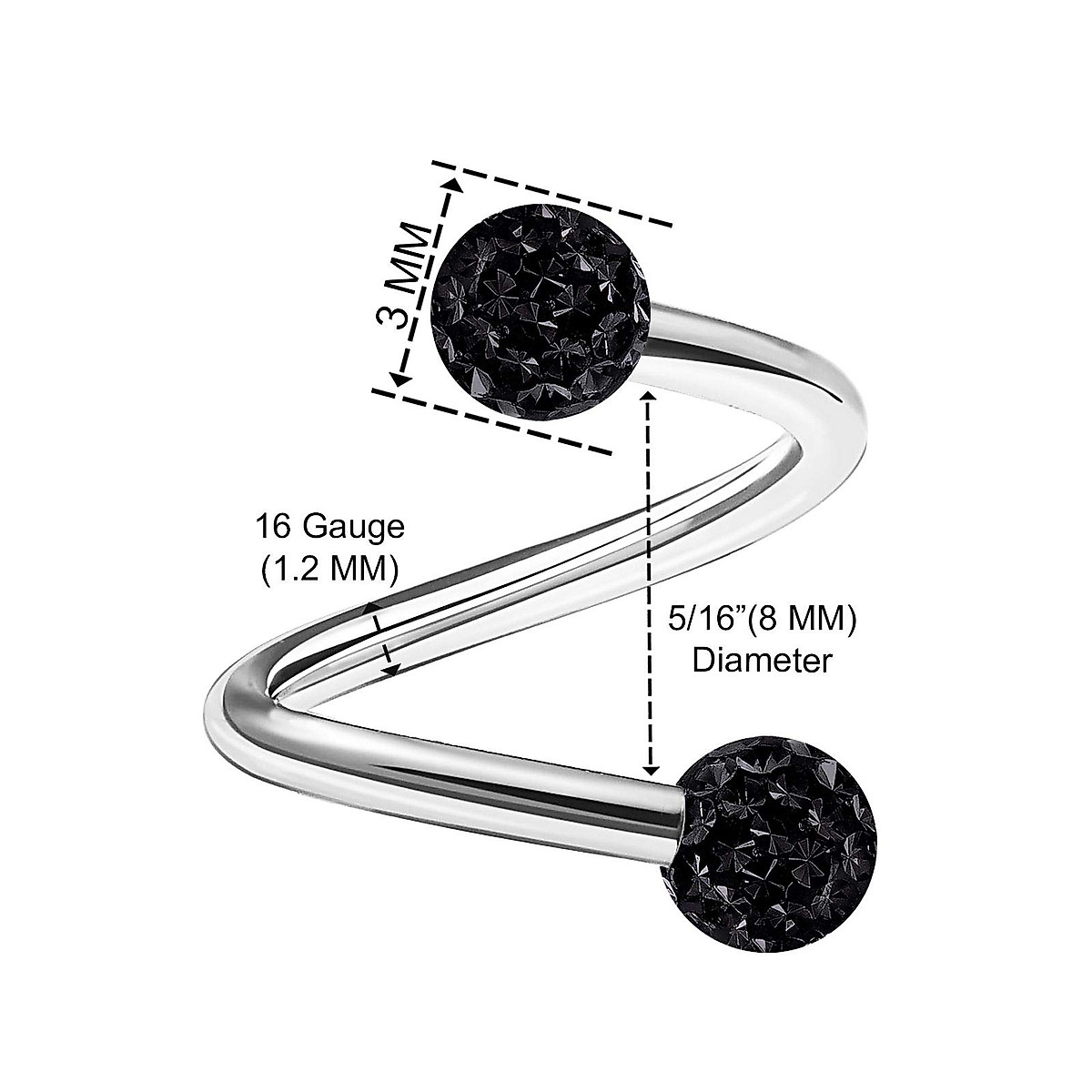 2PCS Stainless Steel Twisted Barbell 16 gauge 5/16 8mm 3mm Jet Crystal Ball Spider Bite Earrings Labret Piercing Jewelry 2163