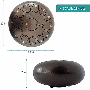 Sidasu Steel Tongue Drum 13 Notes 12 Inches Percussion Instrument Handpan Drum with travel Bag Music Book Mallets steel tongue drum stand（ 13 Notes 12 Inches, Bronze）