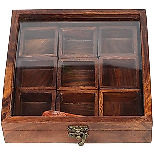 Ajuny Wooden 9 Containers Masala Dabba Spice Box with Glass Lid on Top and Spoon, 5.5x20.5 Cm