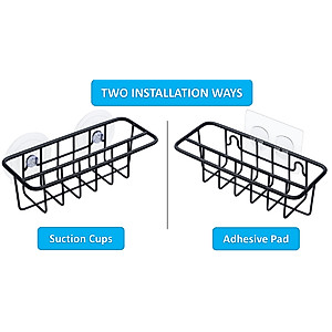 TESOT Sink Caddy Sponge Holder for Kitchen Sink Dish Cloth Hanger 2 Suspension Options(Suction Cups and Adhesive Hook), SUS304 Stainless Steel, Black