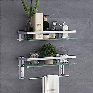 VOLPONE Glass Bathroom Shelf 15.7in Bathroom Shelf Wall Mounted Floating Glass Shelves with Towel Holder Glass Shower Shelf 2 Tier (Sliver)