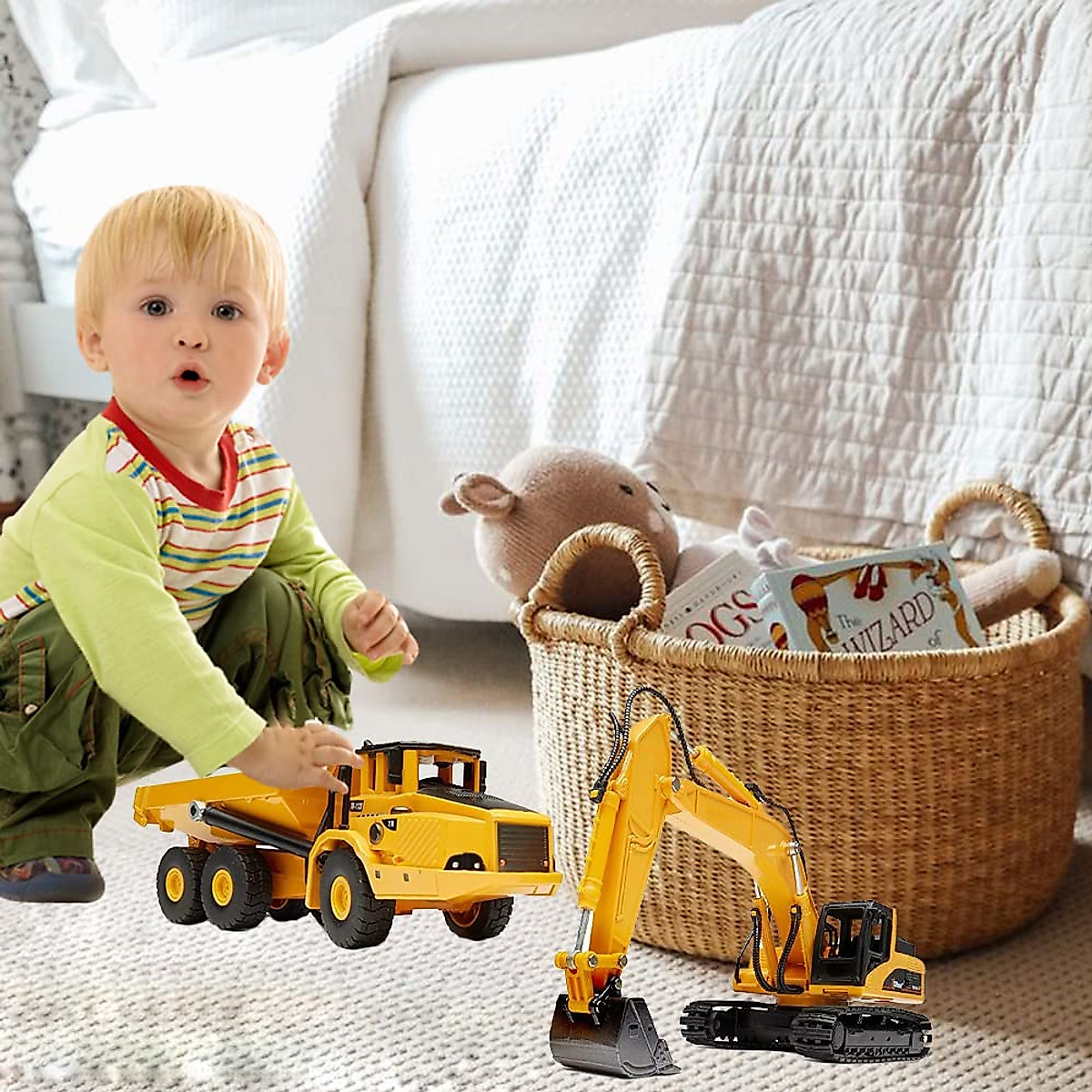 Qcar Construction Dump Truck Excavator Toys, Heavy Duty Alloy Construction Vehicles, 1:50 Scale Diecast Site Digger and Dumper Set, Toy Trucks for Kids 8,9,10,11,12 Year Old and up(2Pcs)