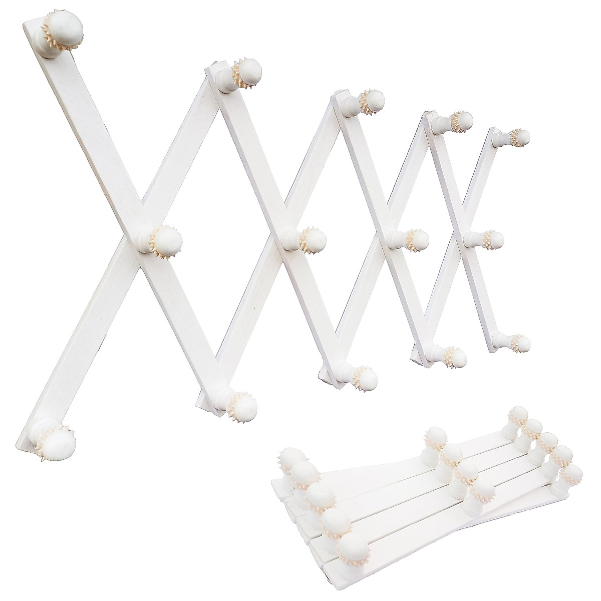 LENOX BOSS Accordion Wall Hanger, Expandable Coat Rack Wall Mounted, Wood Wall Accordion Hook Rack- Accordion Hat Rack for Coffee Mugs, Jackets, Purses, Scarfs, Non-Slip 14 peg Hooks White