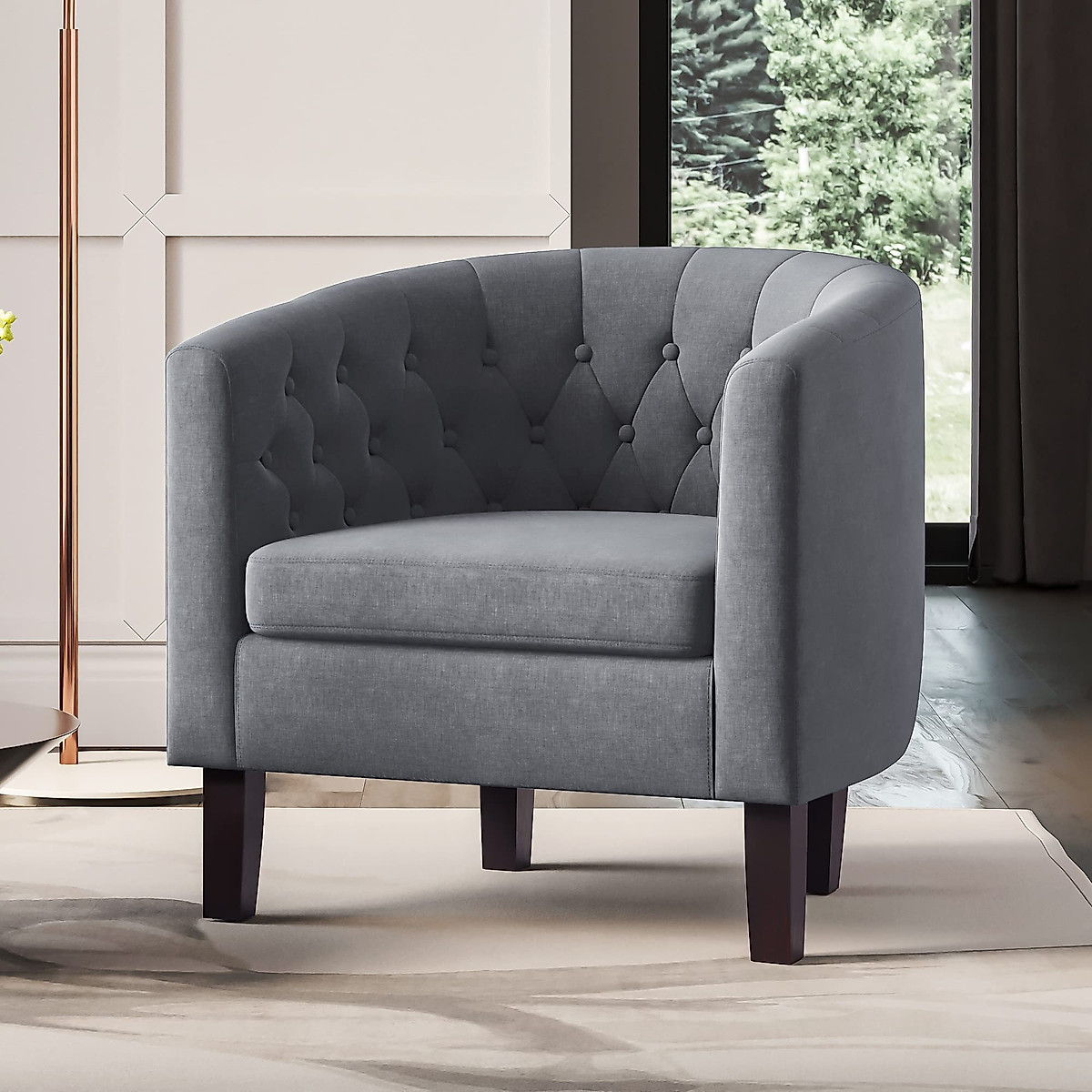 BELLEZE Gray Accent Chairs for Living Room, Elegant Arm Chair Upholstered Tufted Barrel Chair Club Chair for Bedroom with Sturdy Legs and Linen Fabric - Berlinda (Gray)