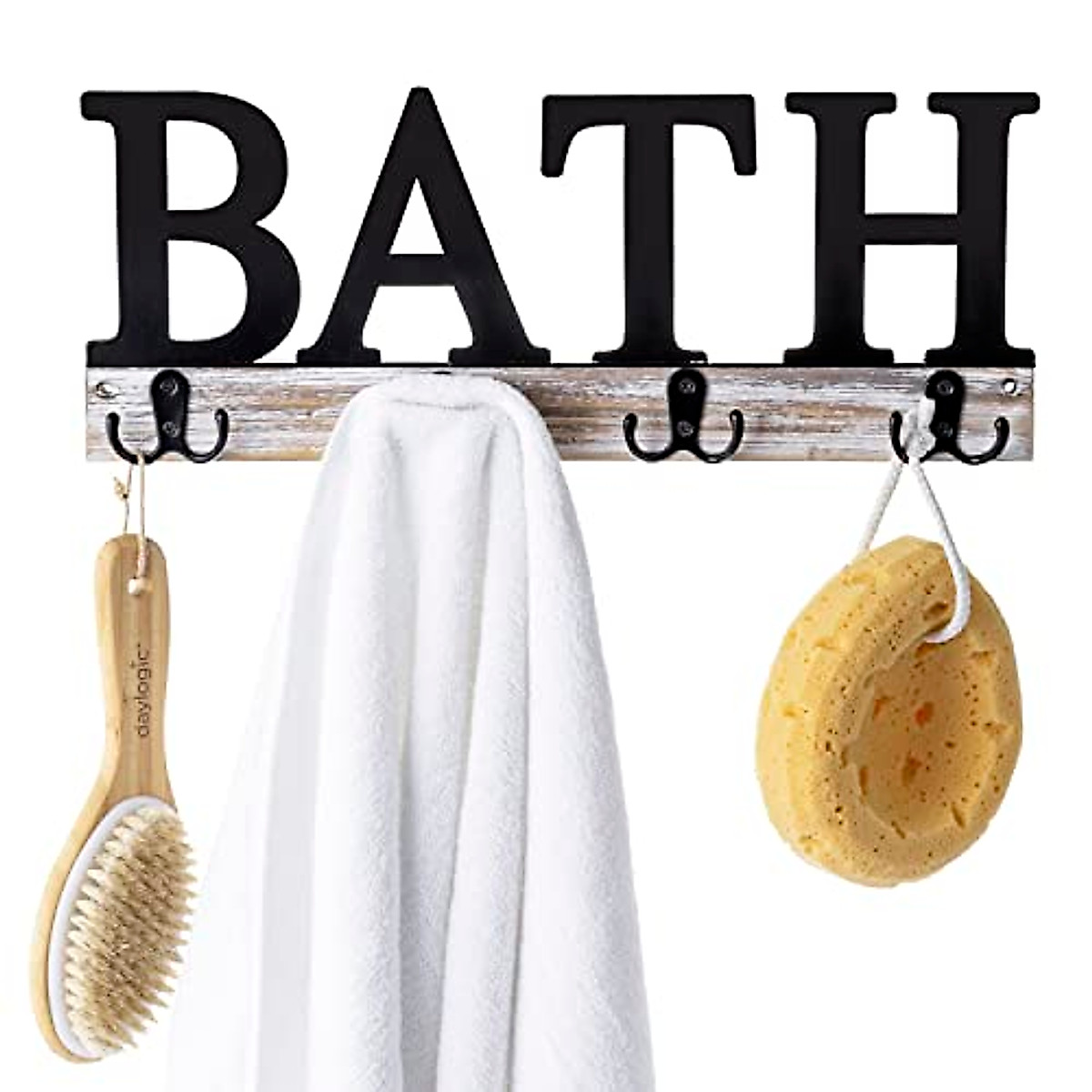 MyGift Wall Mounted Shabby Whitewashed Weathered Wood and Black Metal Bathroom Towel Rack - Bath Cutout Design Hanging Bath Towels Organizer with 4 Double Hooks