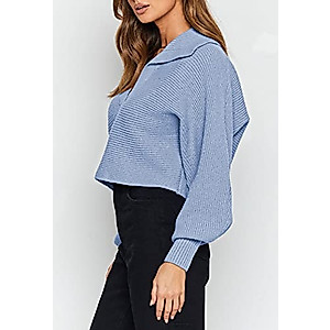 Meenew Women Loose Pullover Sweater Collared V Neck Long Sleeve Knit Crop Tops M Light Blue