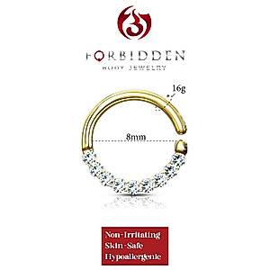Forbidden Body Jewelry 16g CZ Lined Bendable Septum/Daith/Cartilage Hoop - 14k Gold Plated/Clear