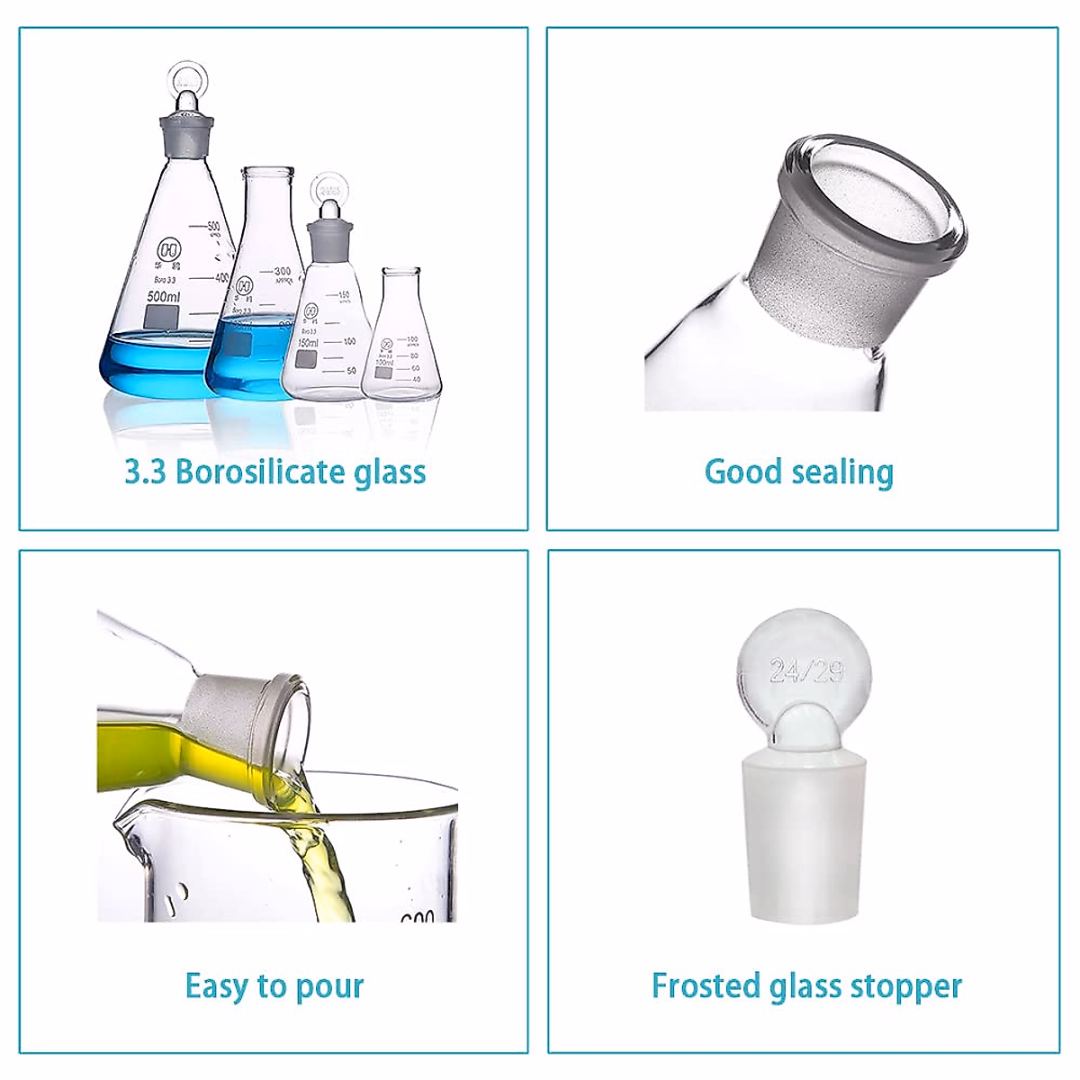 HUAOU Scientific 150ml Erlenmeyer Conical Flasks Set with Ground Glass Stoppers, Graduated 3.3 Borosilicate Glass, Pack of 3