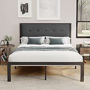 Allewie Full Size Bed Frame with Upholstered Button Tufted Headboard, Platform Bed Frame with 12.4" Underbed Storage, No Box Spring Needed,Noise Free, Easy Assembly, Dark Grey