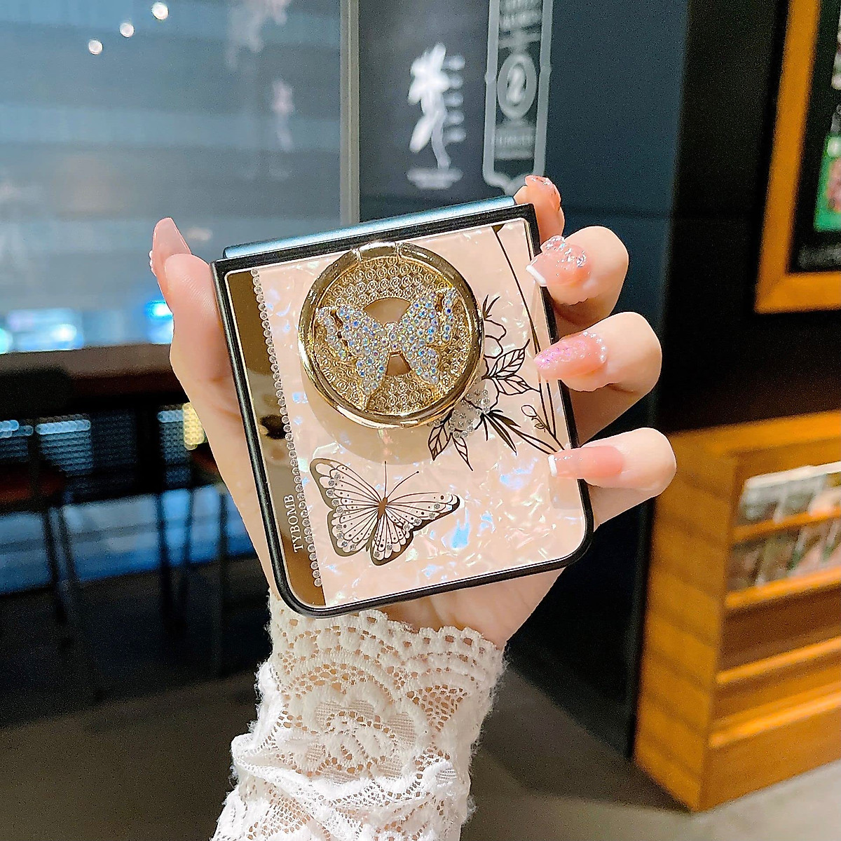 AMAZFCCY Galaxy Z Flip5 Kickstand Case,Cute Bling Butterfly Floral Elegant Luxury Rhinestone Diamond Shockproof Soft TPU Bumper Cover for Girls Women for Samsung Galaxy Z Flip 5 2023 (Rose Gold)