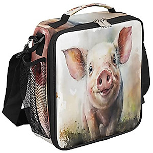 cfpolar Insulated Lunch Bag, Retro Cute Piggy Lunch Box Wide Opened Tote Reusable Lunch Container Organizer Thermal Cooler Bag with Shoulder Strap for School Office Picnic Hiking Beach Fishing