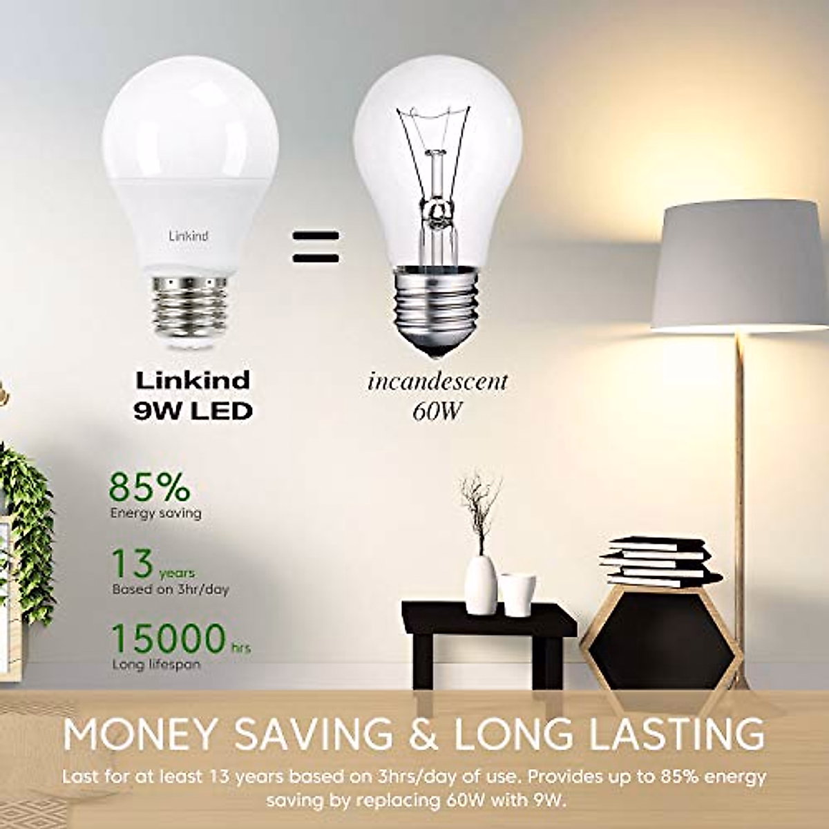 Linkind A19 LED Light Bulb, 60W Equivalent Light Bulbs, 9W 2700K Soft White, 800 Lumens Non-Dimmable LED Bulb, E26 Standard Base, Energy Efficient UL Listed, 6 Pack Led Lights for Bedroom Home Office