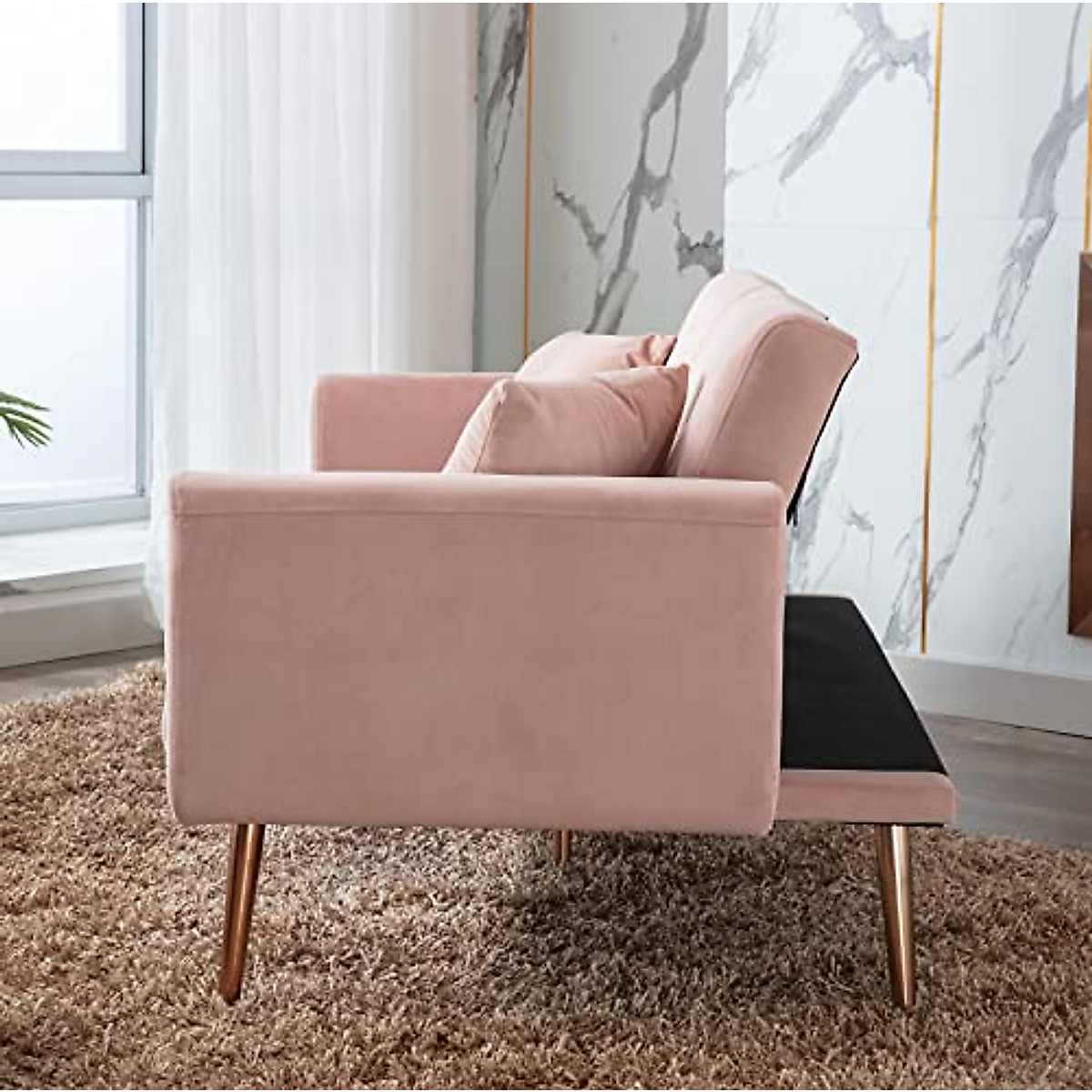 HBHM Velvet Accent Sofa, Loveseat Mid Century Modern Velvet Fabric Couch, Convertible Futon Sofa Bed, Recliner Couch Accent Sofa Loveseat Sofa with Gold Metal Feet,Pink