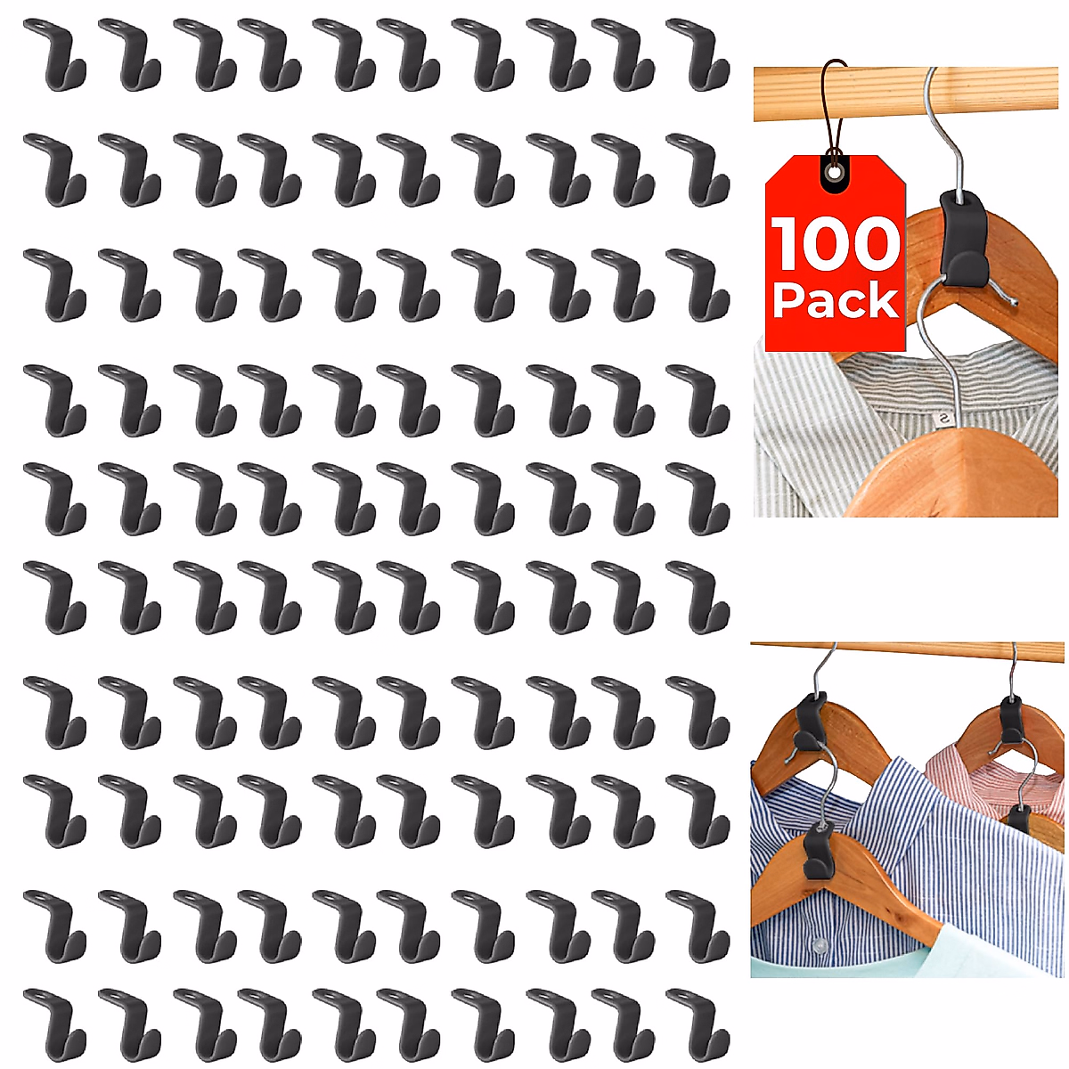 NuSaile Clothes Hanger Connector Hooks - Cascading Hanger Hooks Extensions for Clothes - Sturdy Plastic Hanger Extender Hooks for Closet Organization - Closet Hanger Organizers - 100pc Black