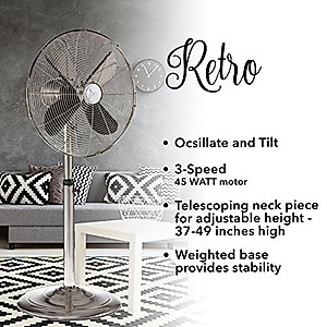 DecoBREEZE Pedestal Standing Floor Fan, Indoor 3-Speed Oscillating Fan with Adjustable Height, Stainless, Retro Fan, 16 inches
