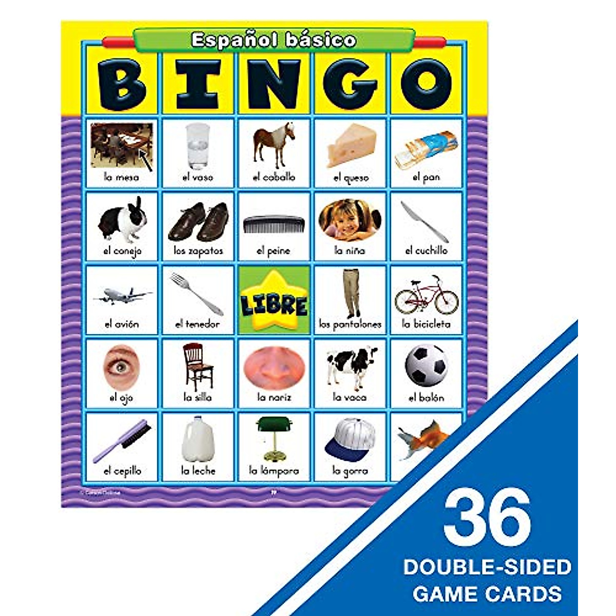 Carson Dellosa Basic Spanish Bingo Game—Learning Board Game with 50 Spanish Words with Photos, 36 Game Boards and Bingo Chips for 3-36 Players, Ages 4 and Up