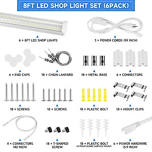 Phiwicsh 8FT LED Shop Light, U Shape 125W Integrated LED Tube Light, 6500K Clear White, 20000LM Super Bright LED Lighting, Flush Mount/Hanging Linkable LED Ceiling Lights for Garage, Plug&Play,6 Pack