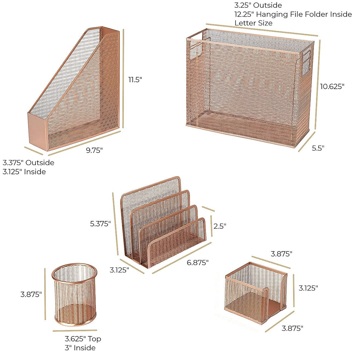 BLU MONACO 5 Piece Cute Office Supplies Rose Gold Desk Organizer Set - with Desktop Hanging File Organizer, Magazine Holder, Pen Cup, Sticky Note Holder, Letter sorter - Rose Gold Desk Accessories