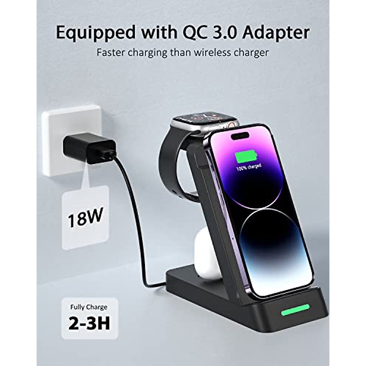 Charging Station for Multiple Devices Apple, 3 in 1 Fast Wireless Charger Dock Stand for iPhone 14 Pro Max/13/12/11/X/8 Plus, Apple Watch Series Ultra/8/7/6/SE/5/4/3/2 and Airpods with Adapter