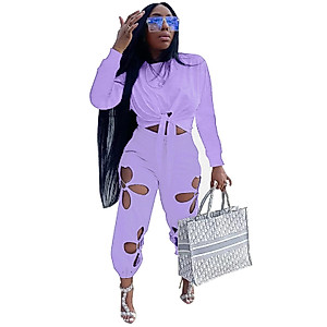 Sweat Suits for Womens 2 Piece Workout Set Sweatpants and Knot Front Tops Fall Outfits Purple