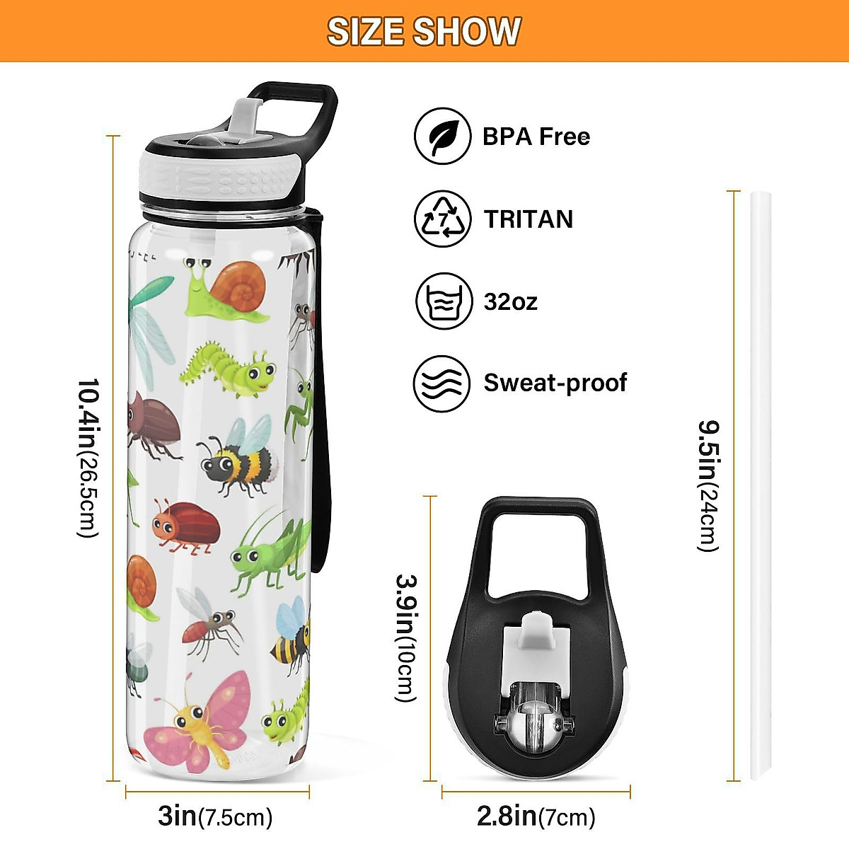 Boccsty Butterfly Bugs Kids Water Bottle with Straw Beetle Dragonfly Ladybug Bee Snail Sports Bottles BPA-Free Tritan Plastic Water Jug for Women Men Gym Outdoors