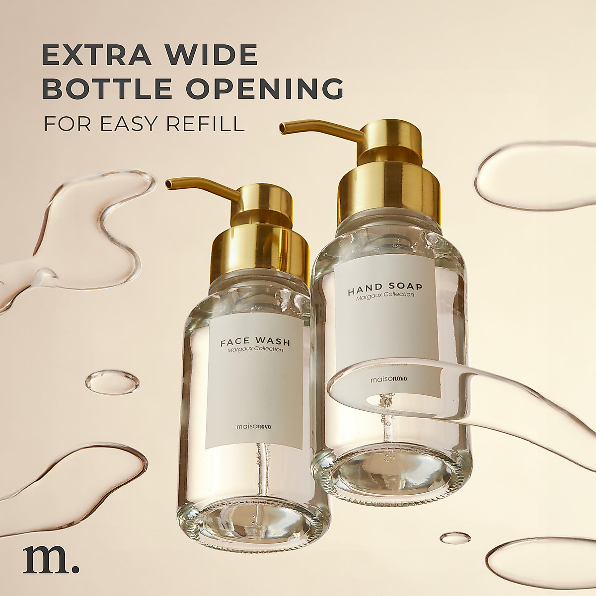 MaisoNovo Glass Foaming Soap Dispenser | Clear Glass Gold Pumps x 2 with Tray