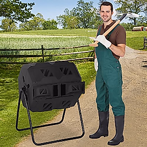 43 Gallon Compost Bin with Dual Chamber Sliding Doors, Outdoor 360° Tumbling Rotating Composting Bins Solid Steel Frame Gardening Compost Tumbler Bucket Trash Can for Patio Yard Waster, Black Door