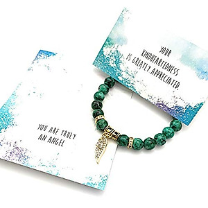 Smiling Wisdom - Angel Wing Appreciation Kindhearted Thank You Keepsake Greeting Card and Stretch Stone Bracelet - Green Rain Flower Stones - 7.5 inches Medium