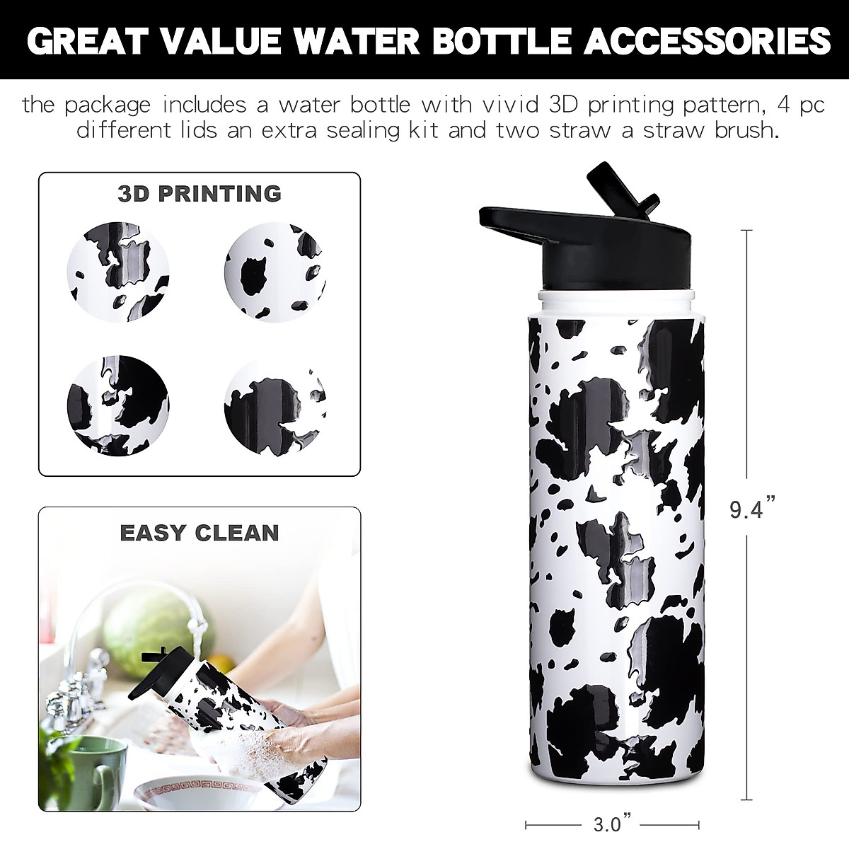 Boelia Cow Print Water Bottles Insulated Stainless Steel Water Bottle,4 lids Water Bottle with Straw Vacuum Insulated Keep Hot and Cold BPA Free 24 oz for Workout，Travel，Sports, Camping