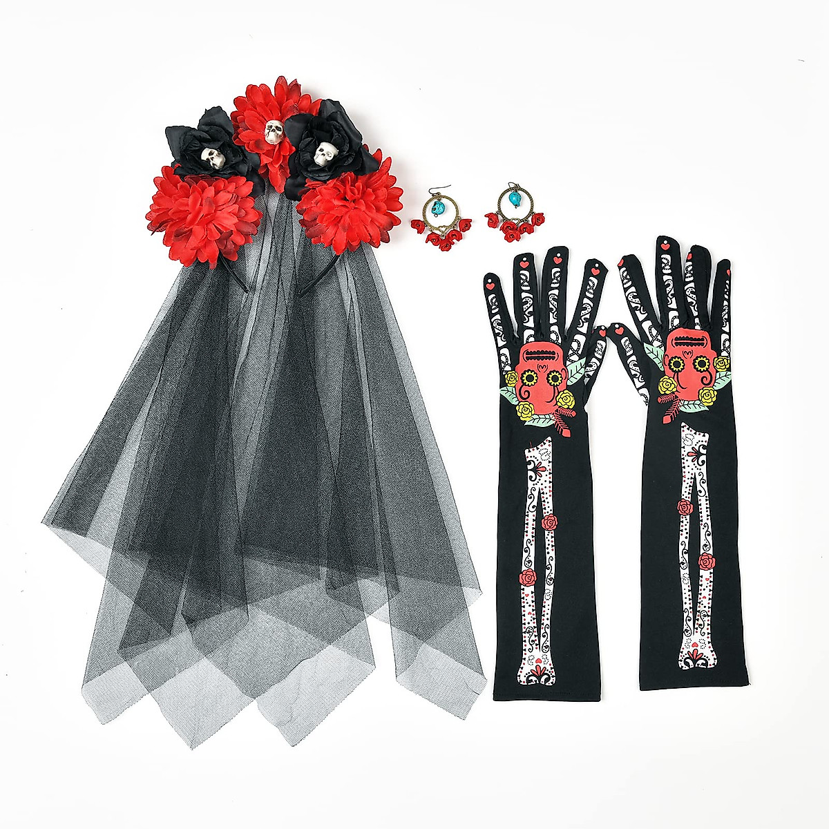 DreamLily Day of the dead Headpiece Red Rose skull Flower Crown Costume NC24 (Headband golves and earrings)