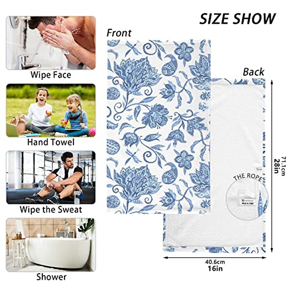 Kigai Blue White Floral Hand Towels 16 x 28 Inches 2PCS Bathroom Towel Set Soft Absorbent Cotton Hand Towel for Gym Shower Hotel
