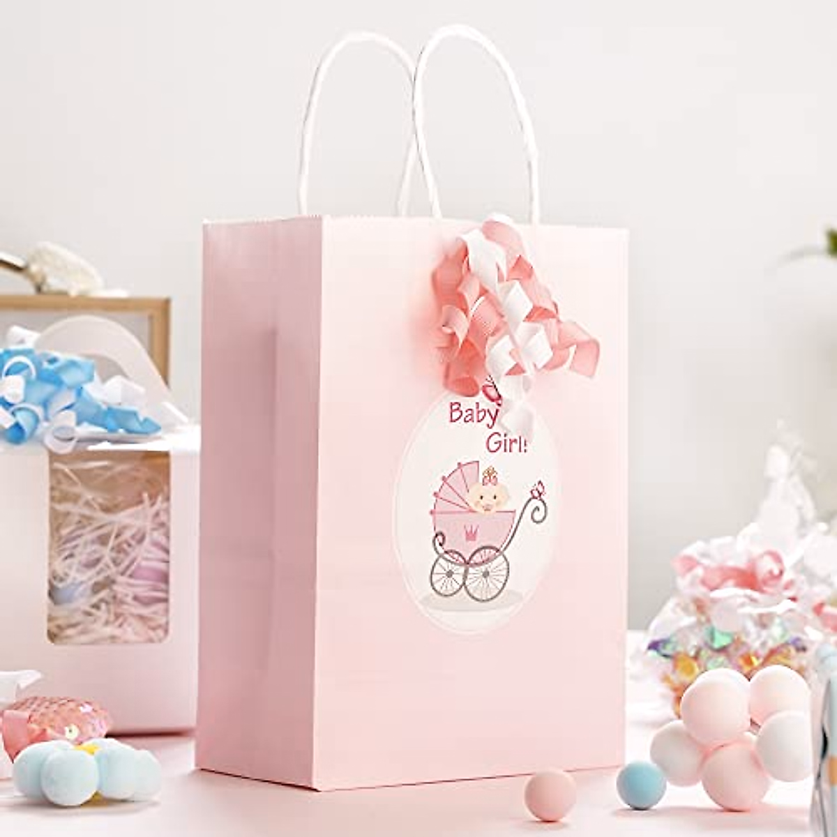 AIMUDI Pink and White Curly Gift Bows 4" Self Adhesive Curly Bows for Gift Wrapping Twist Tie Curly Bows for Baby Shower Party Decorations It is a Girl Gender Reveal Goodie Treat Bags - 6 Counts