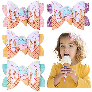 Whaline Ice Cream Glitter Bow Hair Clips 4Pcs Summer Hair Bow Barrette Colorful PU Leather Hairgrips Sparkly Alligator Hair Clips for Girls Women Hair Accessories Birthday Party Ball Supplies