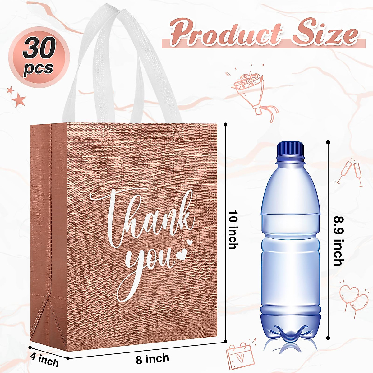Sweetude 30 Pcs Thank You Gift Bags with Handles Bulk Reusable Goodie Bag Non Woven Foldable Handbag for Graduation Wedding Bridesmaid Gifts(10 x 8 x 4 Inch,Rose Gold)