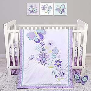 Sammy & Lou Butterfly Meadow 4-Piece Baby Nursery Crib Bedding Set for Girls, Includes Quilt, Fitted Crib Sheet, Crib Skirt, and Plush Toy