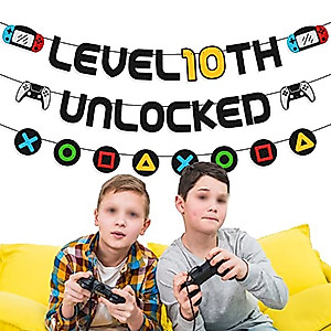 Happy 10th Birthday Banner Level 10s Unlocked Decoration Video Game Controller Level Up Theme Bday Decor for Boys Girls Children Kids Tenth Birth Anniversary Event Supplies